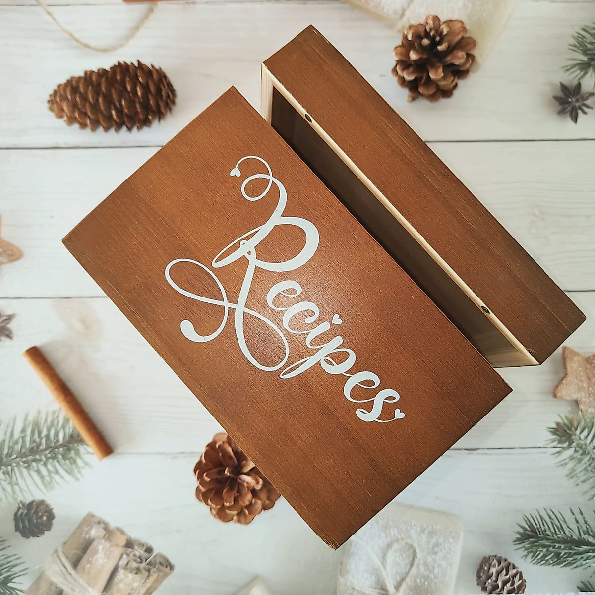 Lumicook Cursive Wood Recipe Box with 120 Double Sided Cards and 7 Dividers | Bamboo Recipe Card Box with Phone and Card Holder | Dark Brown Bamboo Wood Recipe Organizer