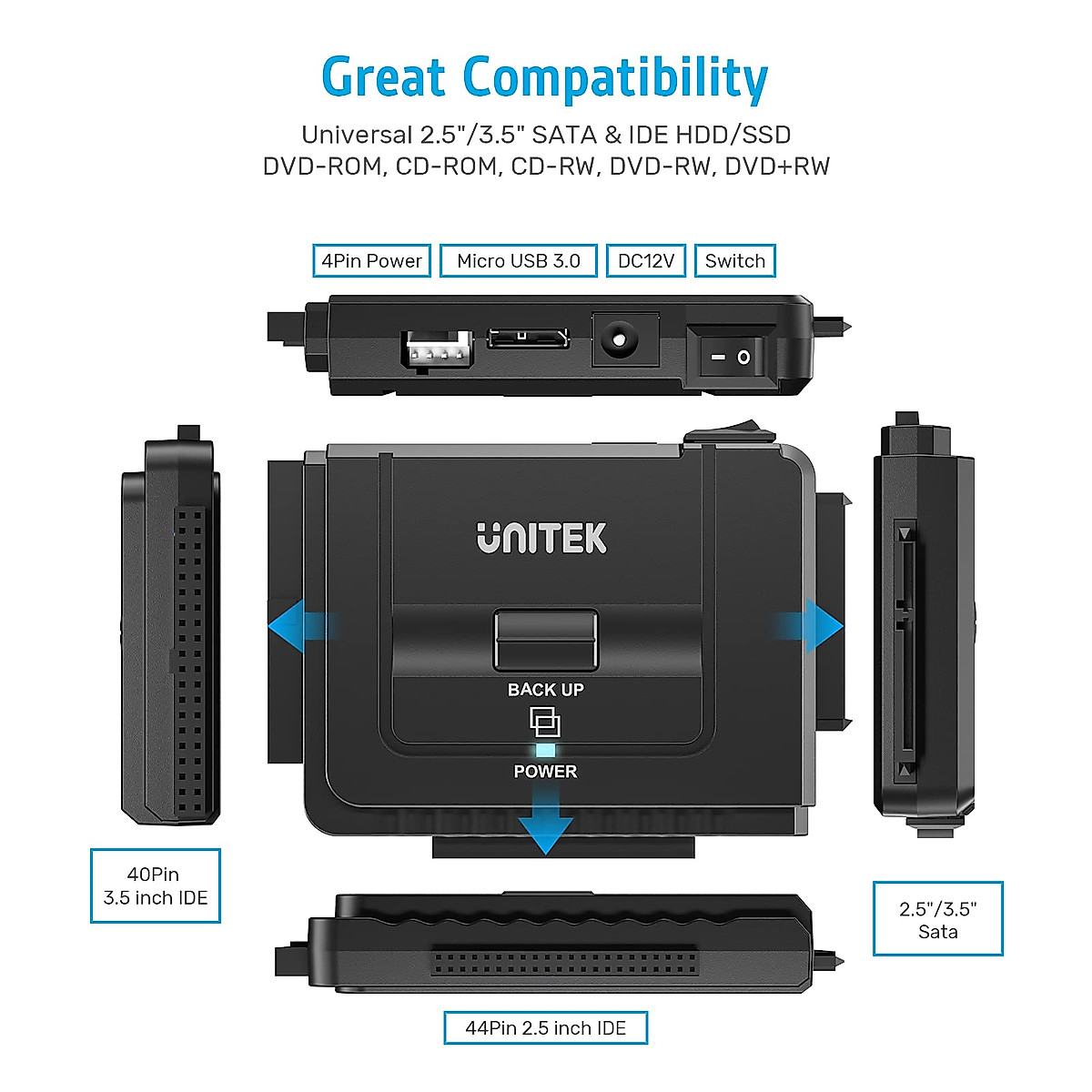 Unitek USB 3.0 to IDE and SATA Converter External Hard Drive Adapter Kit for Universal 2.5/3.5 HDD/SSD Hard Drive Disk, One Touch Backup Function, Included 12V/2A Power Adapter