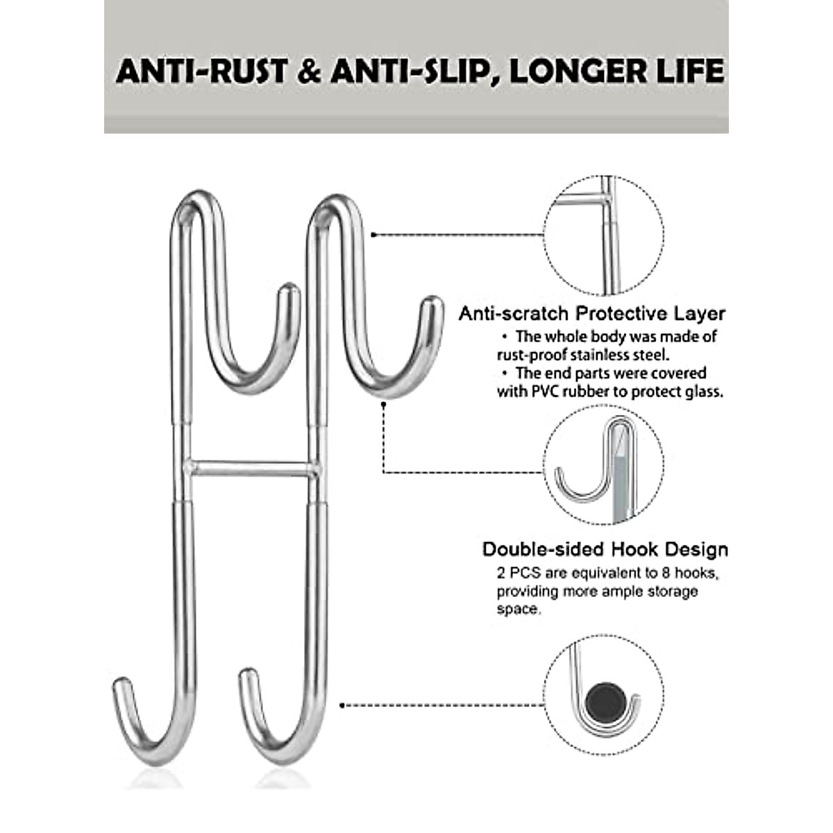 VIEDZMY 7 Inch Shower Door Hooks, 304 Stainless Steel Hanging Double Towel Hooks Shower Towel Holder Clothes Coat Robe Hooks for Bathroom Frameless Glass