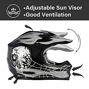 TCT-MOTORPARTS Black Skull Boy DOT Kids Youth Motocross Helmets ATV Off-Road Dirt Bike Motorcycle Full Face Helmet+Gloves+Goggles X-Large