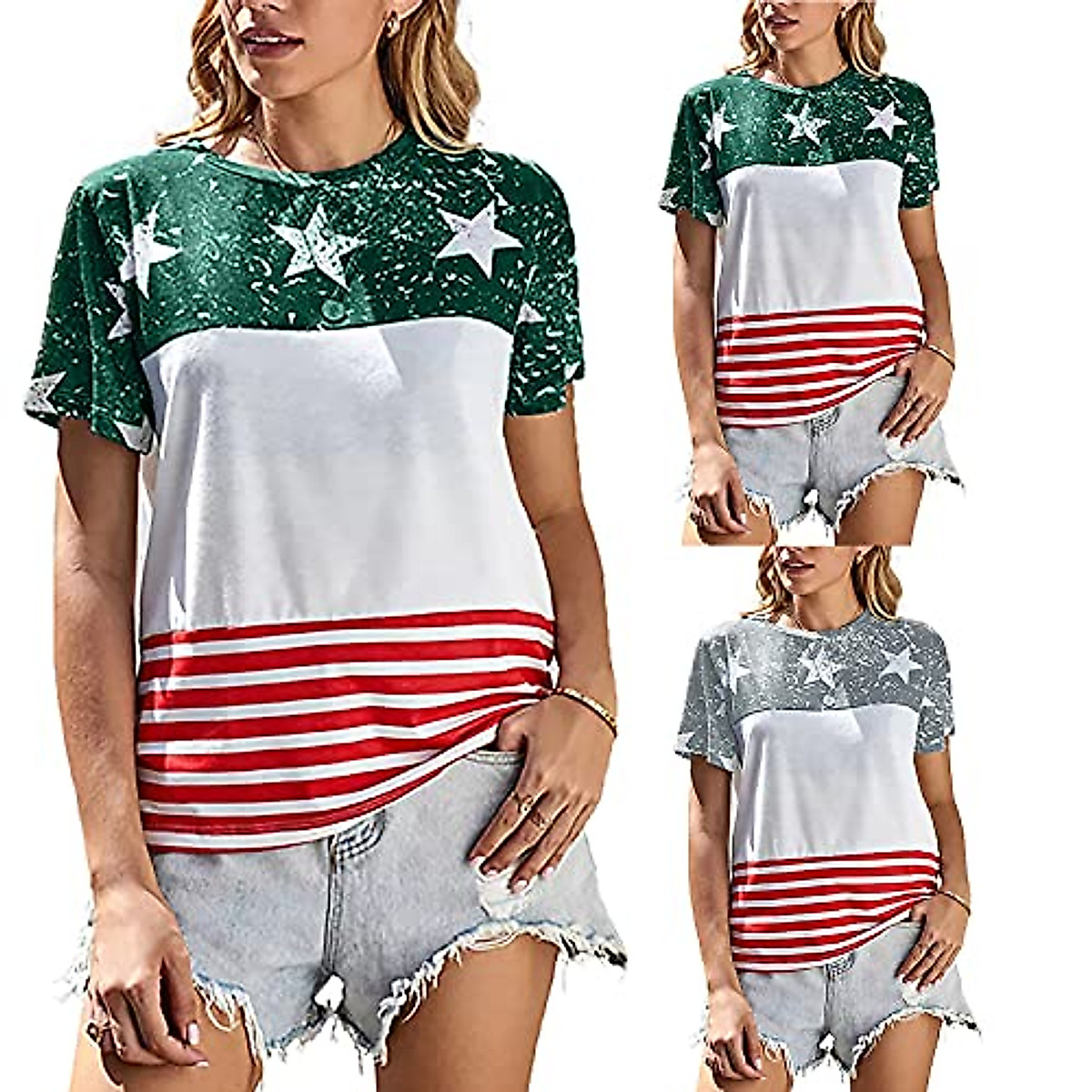 wodceeke Womens short-sleeved round neck T-shirt American flag stitching printed Tee casual loose Independence Day tops (Army Green,XL)