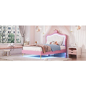 Bekeknlny Modern Upholstered Princess Bed with Crown Headboard and LED Lights,Twin Size PU Upholstered Bed Frame for Kids Boys Girls Bedroom (White+Pink/PU, Twin)