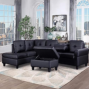 Goohome Sectional, L-Shaped Storage Ottoman/2 Cup Holder,Modular Comfortable Upholstered Couches with Extra Wide Chaise Lounge,Sofas for Home/Office Living Room Furniture Sets, Black