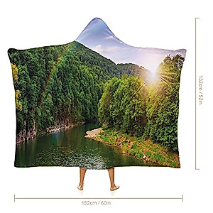 Hooded Blanket Poncho, Nature Wearable Hooded Blanket for Adults, Summer Scene by Mountain Valley with Rainbow Over The, Soft Warm Cozy, 40 x 50inches, Gifts for Women Adults Girls and Kid