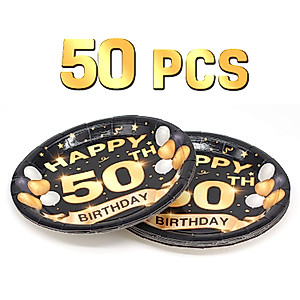 50th Birthday Plates Black and Gold Dessert, Buffet, Cake, Lunch, Dinner Plates for 50th Birthday Decorations Party Supplies, Happy 50th Birthday! 50 Count, 9" Plate Design for 50th Birthday Party