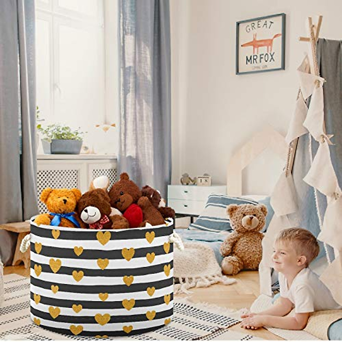 visesunny Collapsible Large Capacity Basket Gold Heart Black White Striped Clothes Toy Storage Hamper with Durable Cotton Handles Home Organizer Solution for Bathroom, Bedroom, Nursery, Laundry,Closet