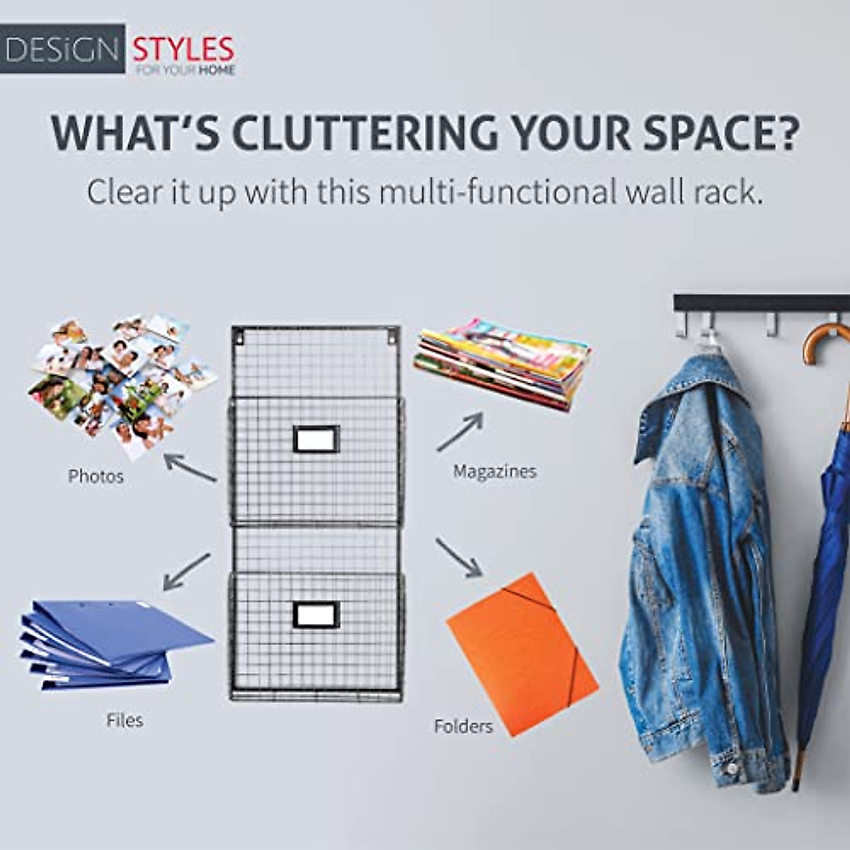 Designstyles Two Tier Wall File Holder – Durable Pewter Metal Rack with Spacious Slots for Easy Organization, Mounts on Wall and Door for Office, Home, and Work