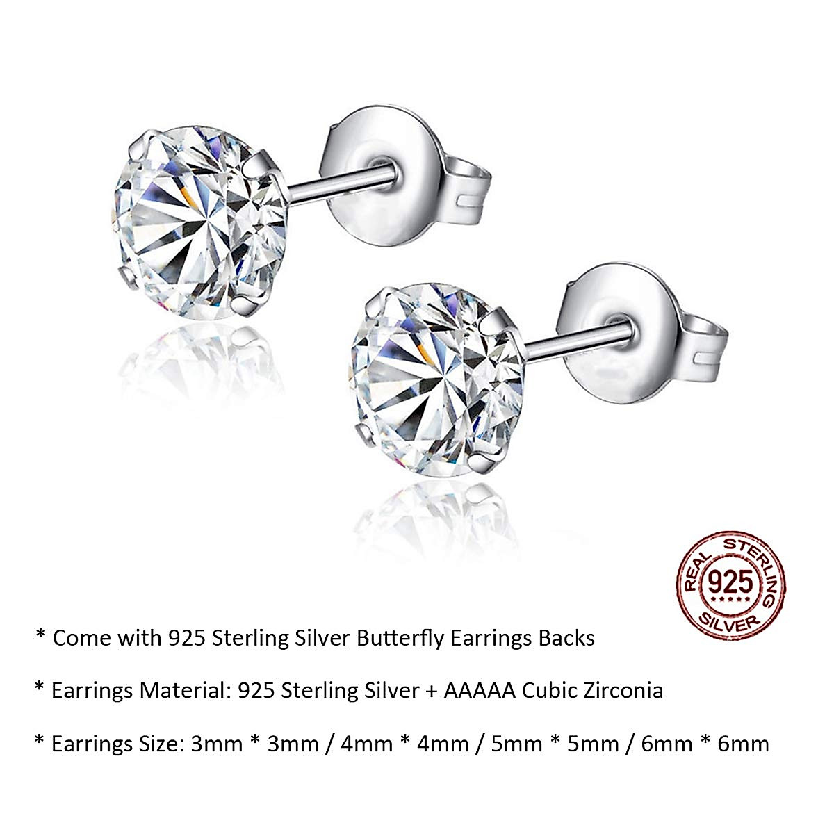 Sterling Silver Cubic Zirconia Stud Earrings Set for Womens Mens, 4 Pair Small Studs for Cartilage Tragus Multi Piercing Ears 3mm/ 4mm/ 5mm/ 6mm