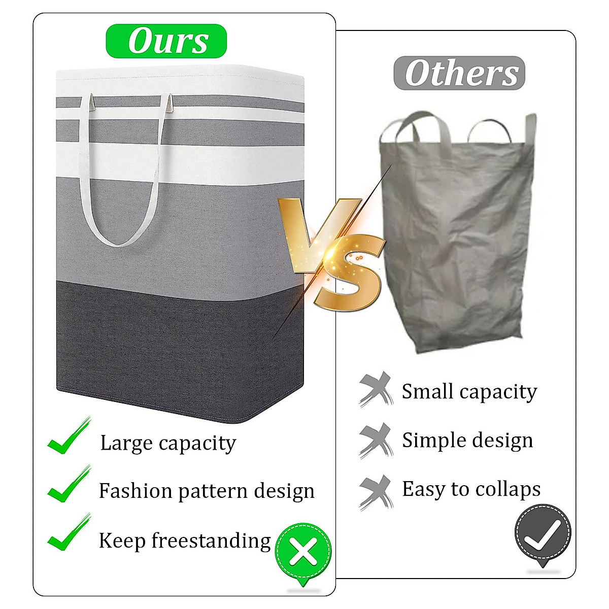 FOWSRHRG 2 Pack Large Laundry Hamper Organizer,Collapsible Laundry Baskets with Handles,Dirty Clothes Basket Laundry Storage Bag, Tall Clothes Hamper Freestanding for Towels Toys Dorm Bathroom