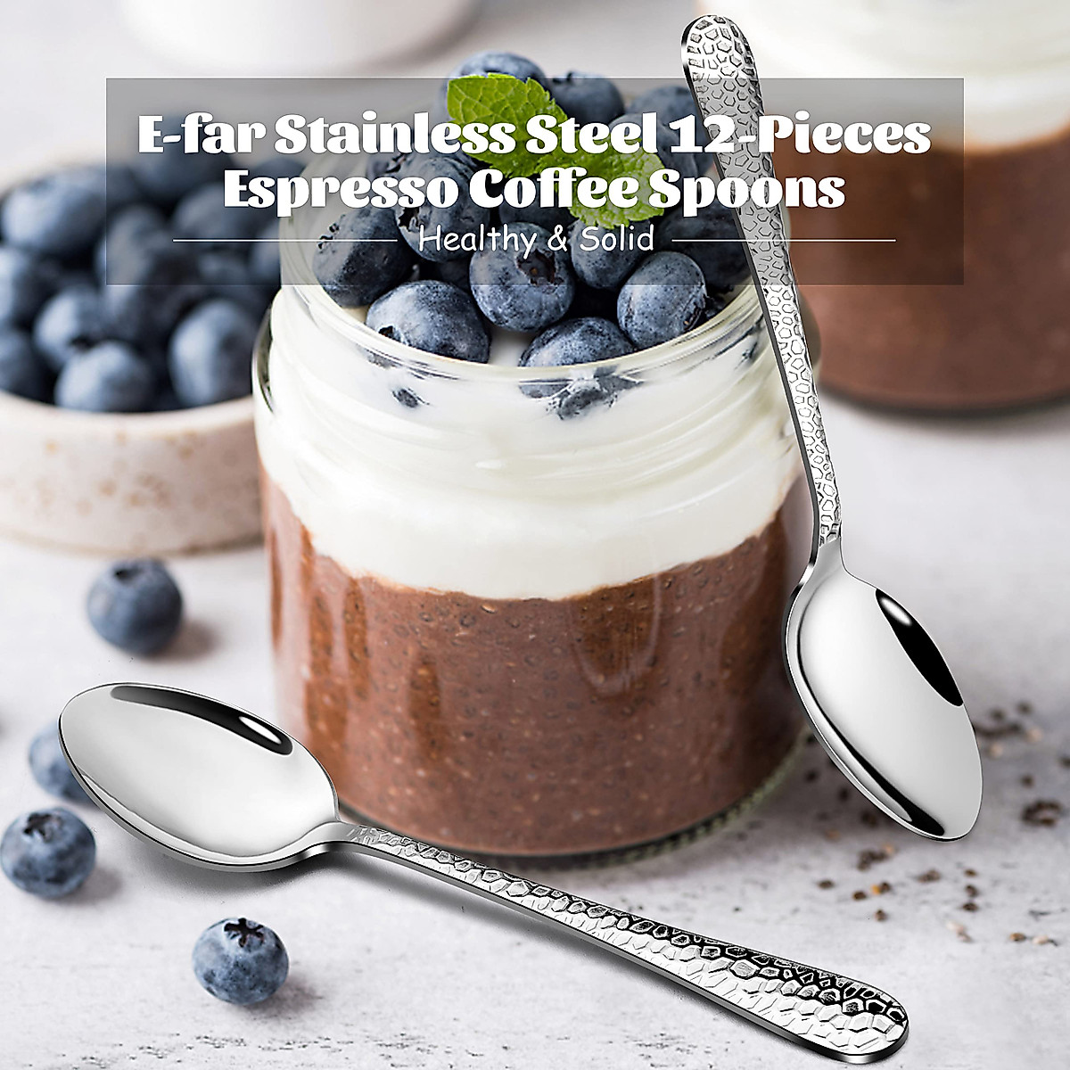 E-far 12-Piece Coffee Spoons, 6-Inch Stainless Steel Espresso Spoons, Small Metal Spoons for Coffee/Sugar/Tea, Hammered Design & Rust Free, Dishwasher Safe
