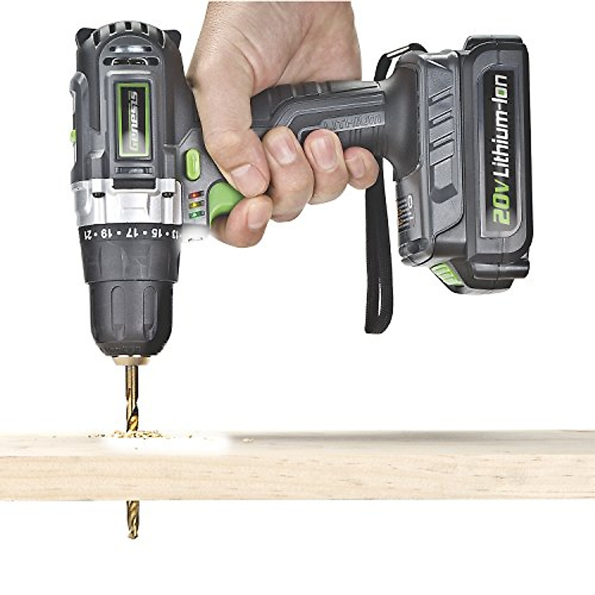 Genesis GLCD2038A 20V Lithium-ion Battery-Powered Cordless Variable Speed Drill Driver with 3/8" Chuck, Built-In LED Work Light, 20V Battery, Charger and Double-Ended Screwdriver Bit, Grey/Black/Green