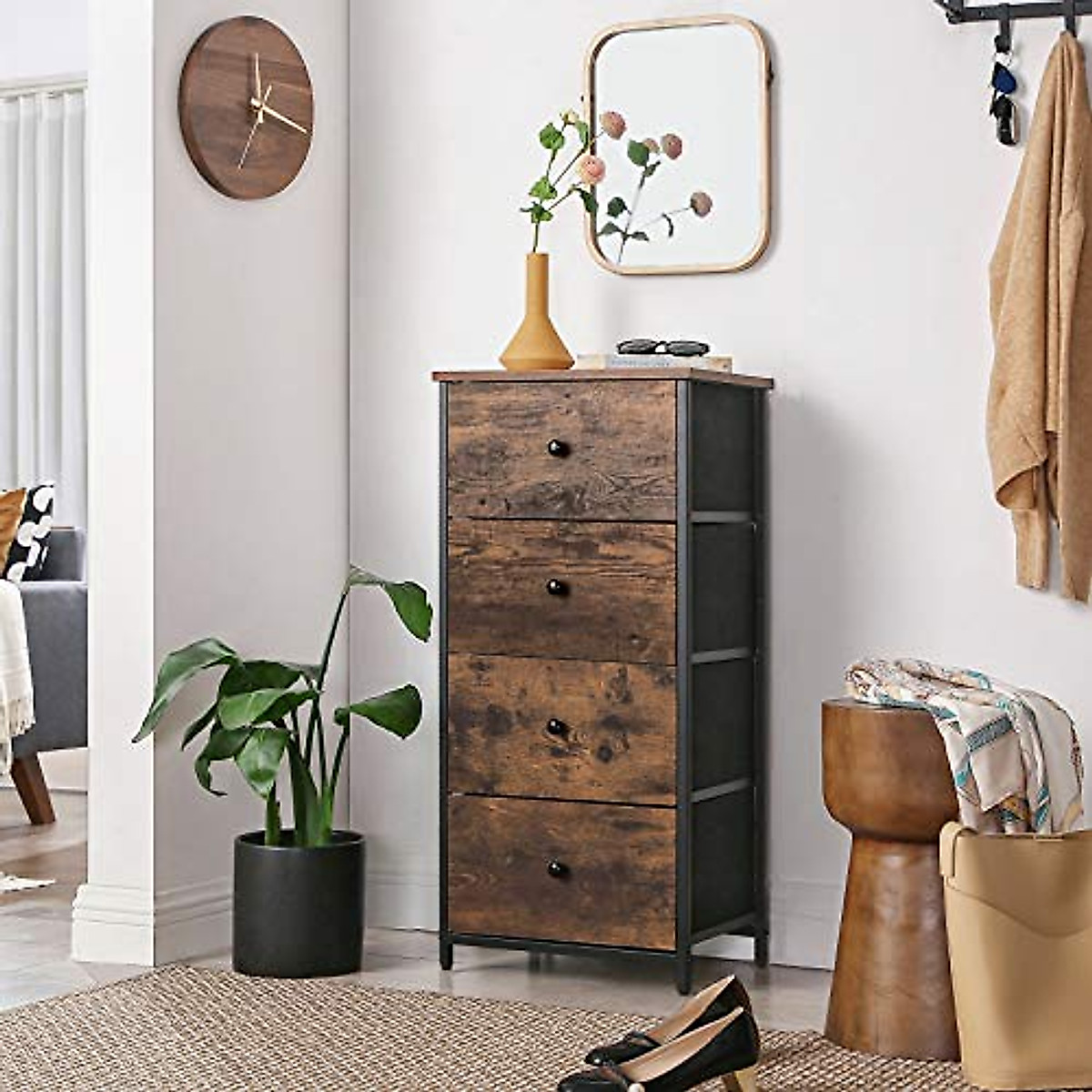SONGMICS Dresser for Bedroom, Fabric Dresser with 4 Drawers, Wooden Top and Front, Metal Frame, Small Chest of Drawers, Rustic Brown and Black ULGS04H, 17.7 x 11.8 x 35.2 Inches