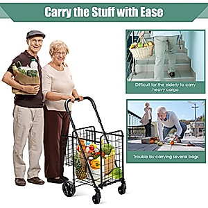 Shopping Cart with Dual Swivel Wheels for Groceries - Compact Folding Portable Cart Saves Space - with Adjustable Handle Height (Black)
