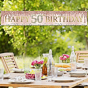 50th Birthday Banner Decorations for Women, Pink Rose Gold Happy 50 Birthday Sign Party Supplies, Large Fifty Year Old Birthday Decor for Outdoor Indoor(9.8x1.6ft)