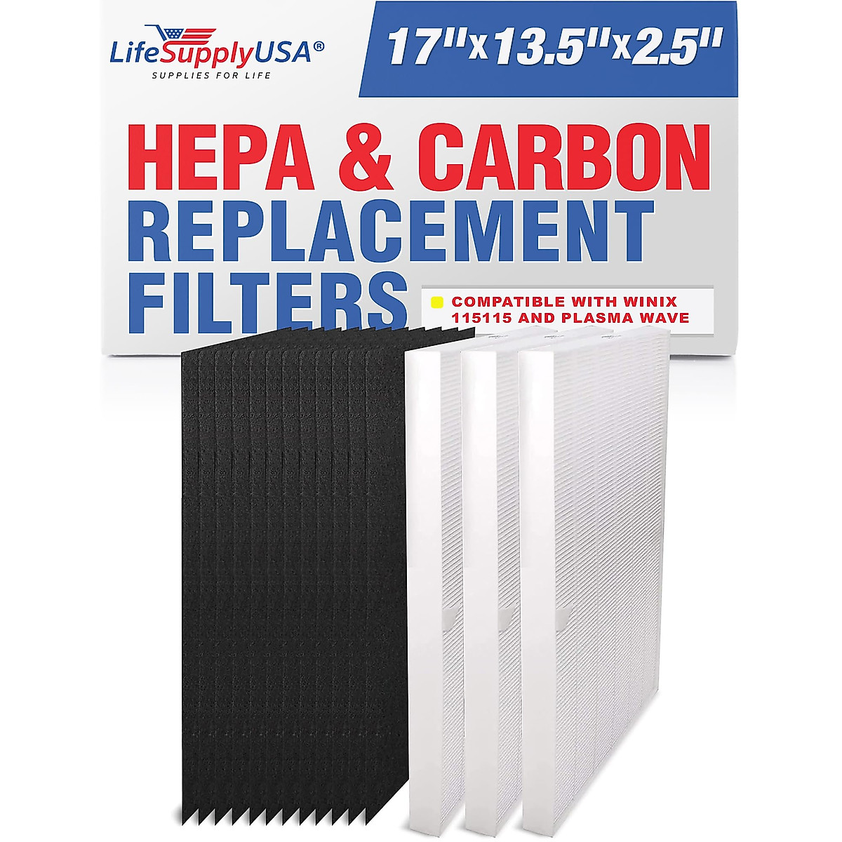 LifeSupplyUSA True HEPA + 4 Carbon Replacement Filters Compatible with Winix 115115 Size 21 and Plasma Wave WAC5300, WAC5500, WAC6300, 5000, 5000b, 5300, 5500, 6300 & 9000 (3-Pack)