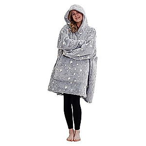 U&O Oversized Glow in Dark Wearable Sherpa Blanket Sweatshirt with Hood & Pocket and Sleeves Luminous Hoodie Blanket (Grey)