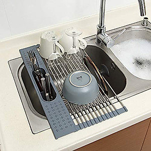 N/A2 Roll Up Dish Drying Rack - Over The Sink Drying Rack with Utensil Holder + Multipurpose Sink Cover Stainless Steel Silicone Portable Dish Draining and Folding Strainer for Mom!