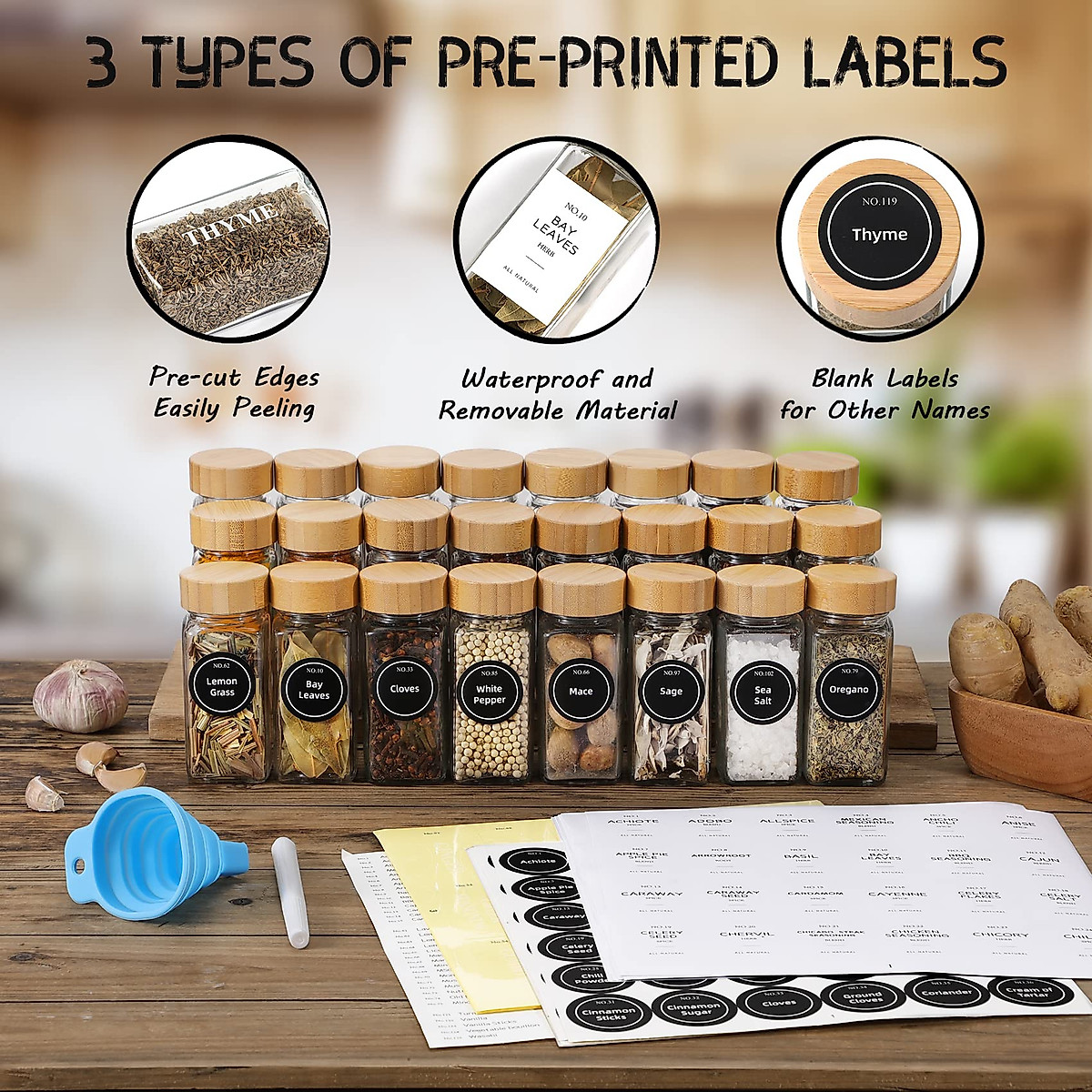 NETANY 24 Pcs Spice Jars with Labels - 4 oz Glass Spice Jars with Bamboo Lids, Minimalist Farmhouse Spice Labels Stickers, Collapsible Funnel, Seasoning Storage Bottles for Spice Rack, Cabinet, Drawer
