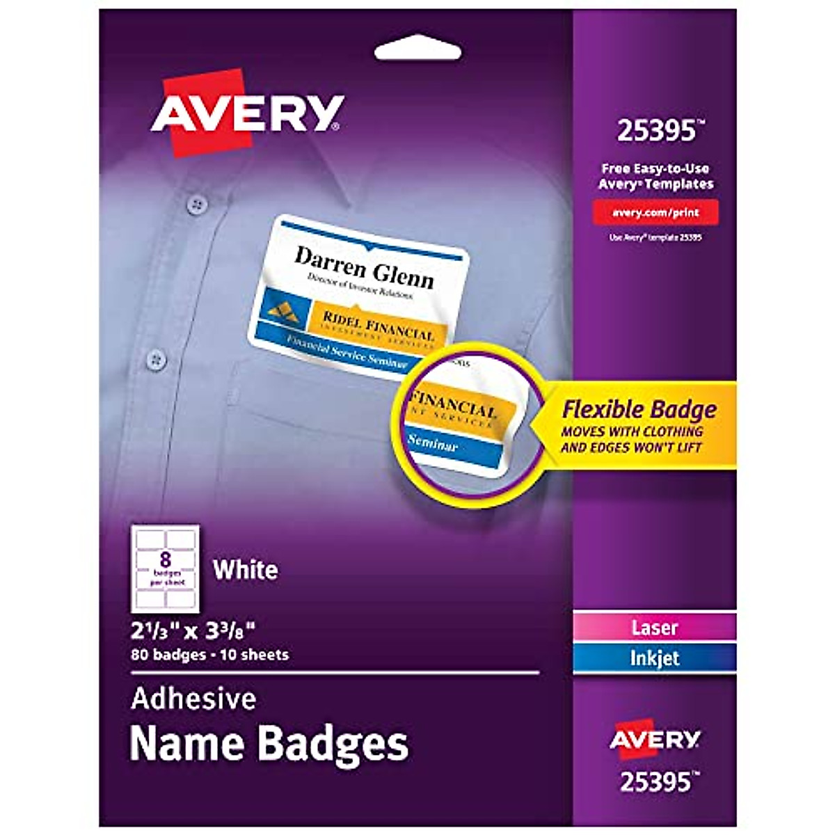 Avery 74459 Neck Hang Badge Holder w/Laser/Inkjet Insert, Top Load, 3h x 4w, White (Box of 100) & Avery Flexible Name Tag Stickers, White Rectangle Labels, 80 Name Badges, 2-1/3" x 3-3/8" (25395)