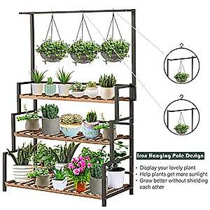ULIKE Hanging Plant Shelves Indoor 3-Tier Stand with Bar, Flower Pot Organizer Outdoor Shelf for Multiple Plants, Wood Rack with Metal Frame for Garden Balcony Patio Bedroom Office