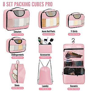 Veken 8 Set Packing Cubes for Travel, Suitcase Essentials Organizer Bags Set for Luggage, Road Trip Travel Accessories in 4 Sizes (Extra Large, Large, Medium, Small), Pink