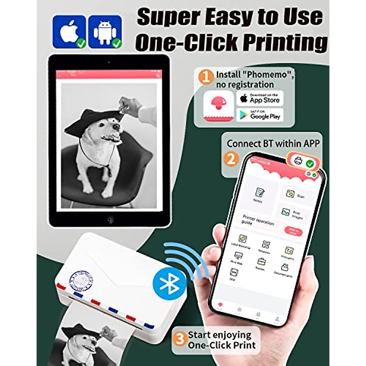 Memoking Thermal Mini Printer - 3" Photo Sticker Printer Machine with Tape 1Roll, M03AS Inkless Bluetooth Printer for Phone&Pad, HD 305DPI Mini Sticker Maker Machine Printer for Photo,Note,Memo Labels