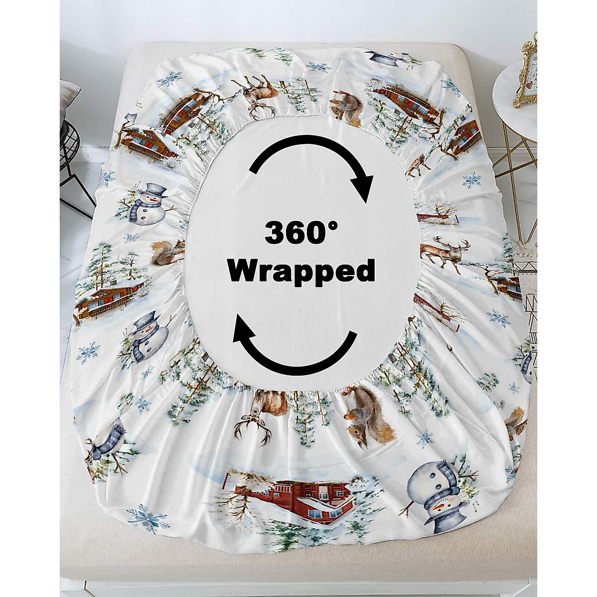 Rusic Christmas Fitted Sheets Elastic Deep Pocket 3 Pieces Bedding Set Full Size,Farmhouse Snowman Wooden Barn Reindeer Soft Brushed Bed Sheets,Winter Snow Scene Bottom Sheet