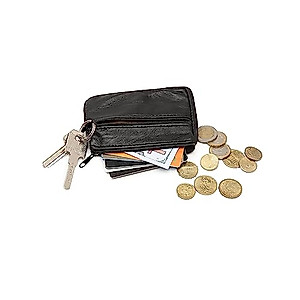 Coin Purse Pouch for Women, Genuine Leather Mini Cash Wallet with Keychain Ring Holder (Black)