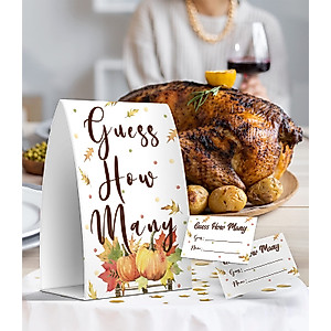 Guess How Many - Candy Guessing Game, Thanksgiving Party Games, 1 Sign and 50 Game Cards, Maple Leaf, Pumpkin, Baby Shower Games, Birthday Party -GH007