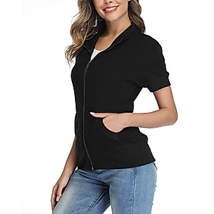 andy & natalie Women's Stand Collar Zip up Short Sleeve Hoodies Jacket Sweatshirts with Pockets Black