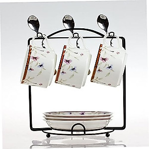 BUJIATANG 2 in 1 Tea Cup Holder Stand with Saucer Holder Stainless Steel Mug Tree Rack for 6 Mugs Metal Wire Coffee Cup Rack for Kitchen Black