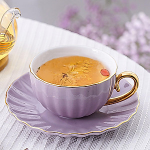 ICHAG Teacup and Saucer Set, Tea Cups Set of 6, Porcelain Tea Cups 7.7oz, Golden Trim, Golden Spoon, Tea Cups Set of 18 for Afternoon Tea, Womens Tea Party, Home Office Present (Pumpkin Coffee Mugs)