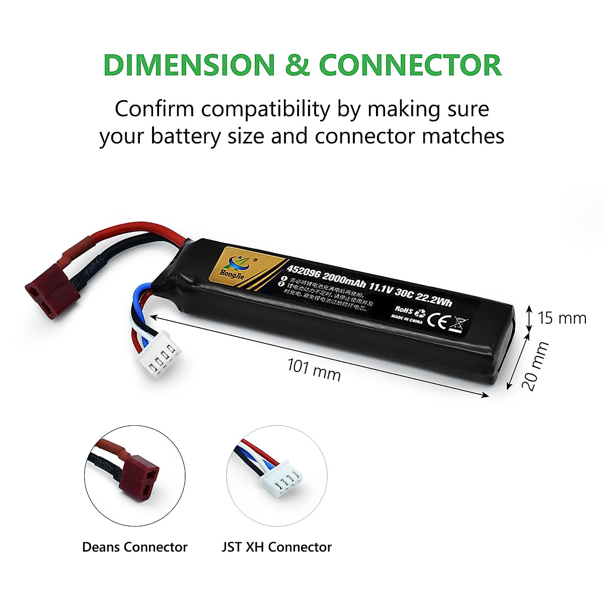 11.1V LiPo Airsoft Battery with Deans Connector 2000mAh 30C Rechargeable Stick Batteries for Airsoft Guns Airsoft Rifle