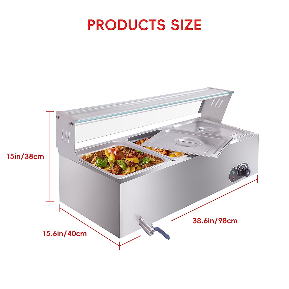 Fashionwu Commercial Grade Stainless Steel Food Warmer, Countertop Steam Table Food Warmer with Tempered Glass Shade Temperature Control for Parties, Catering, Restaurants, 3 x 12QT
