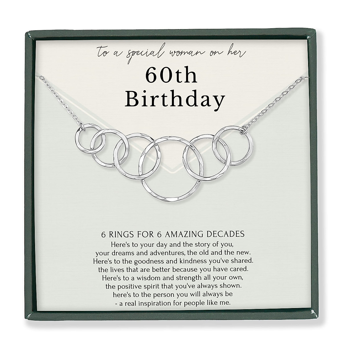 HOPE LOVE SHINE 60th Birthday Gift for Women, Mom, Wife, Sister - 60th Birthday Necklace, Jewelry 17+2", Sterling Silver, 6 Interlocking Rings