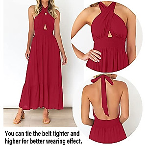 ZESICA Women's 2023 Summer Crossover Halter Neck Sleeveless Plaid Cut Out Backless Flowy A Line Maxi Dress,Red,Medium