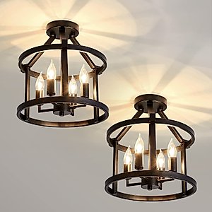 UOFUS 2-Pack Semi Flush Mount Ceiling Light Fixture Farmhouse Matte Chandelier Ceiling Lamp for Entryway Foyer Dining Room Bedroom Kitchen Hallway （Black Metal ）