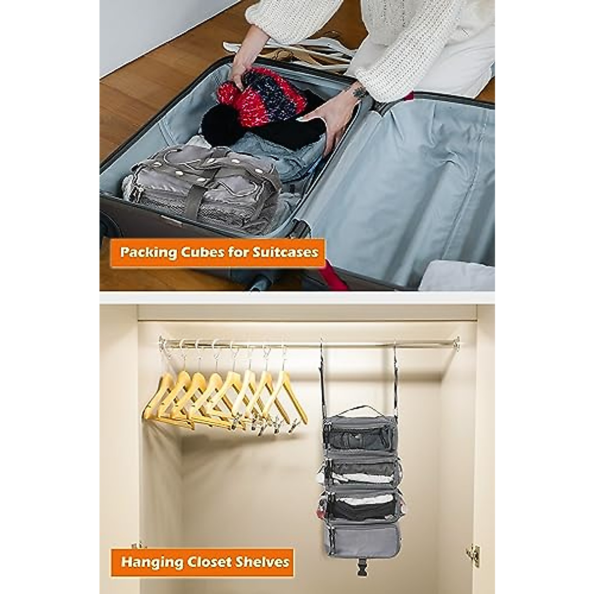 ELEZAY Hanging Packing Cubes with Compression Capability Portable 4-Shelf Closet for Travel Collapsible Space Saver Bag Clothes Organizer for Carry-on Luggage Suitcase Small_18*9 * 7 IN, Lightgrey