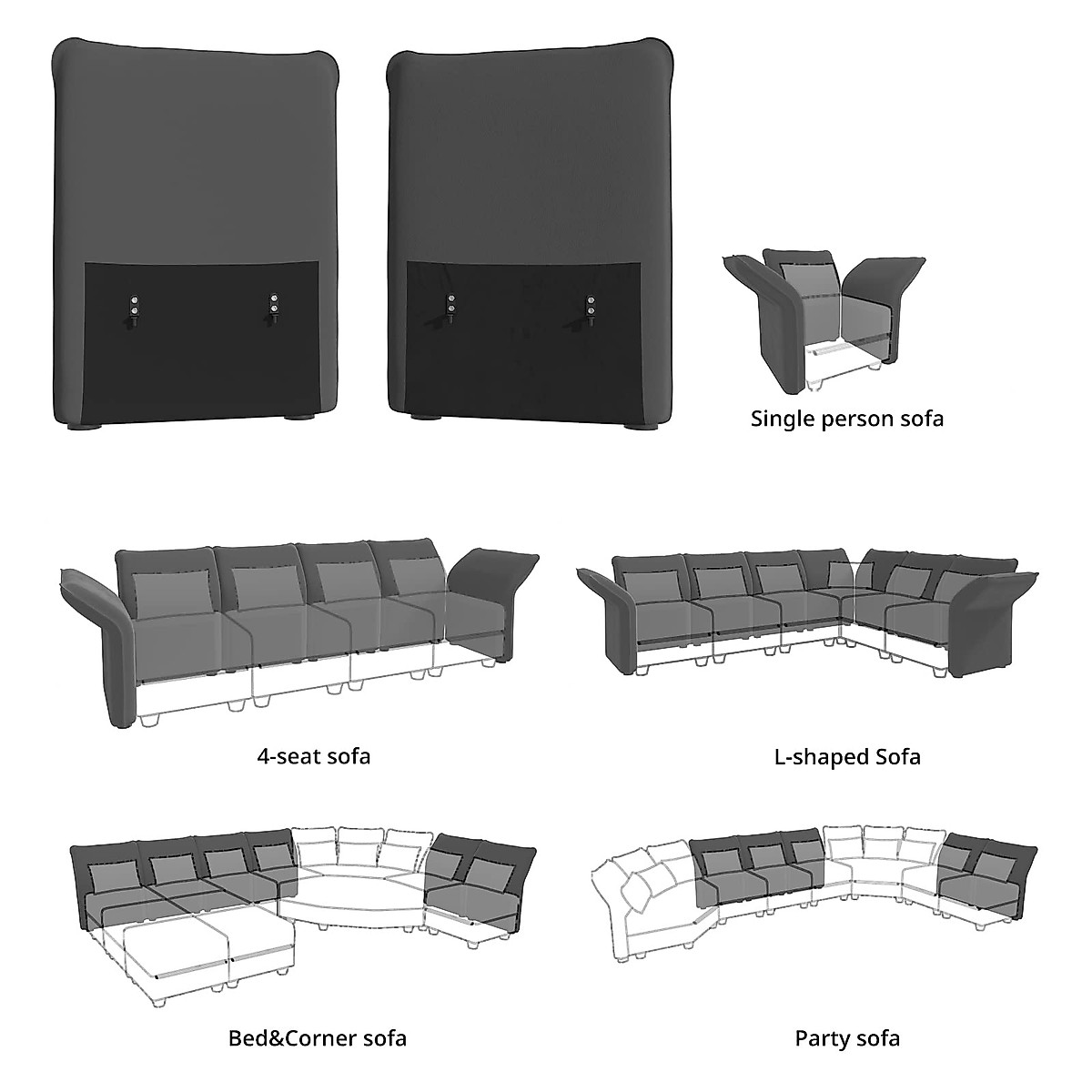 LLappuil Modular Pair of Side Armrest Backrest Module Sofa for Convertible Modular Sectional Couch Sofa Side Armrest, Backrest Grey