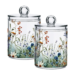 senya Clear Plastic Jars Cotton Swabs Cans, Wildflowers Butterflies Botanical Bathroom Canisters Storage Organizer with Lids 2PCs Set for Cotton Ball, Cotton Swab, flossers, Hair Bands