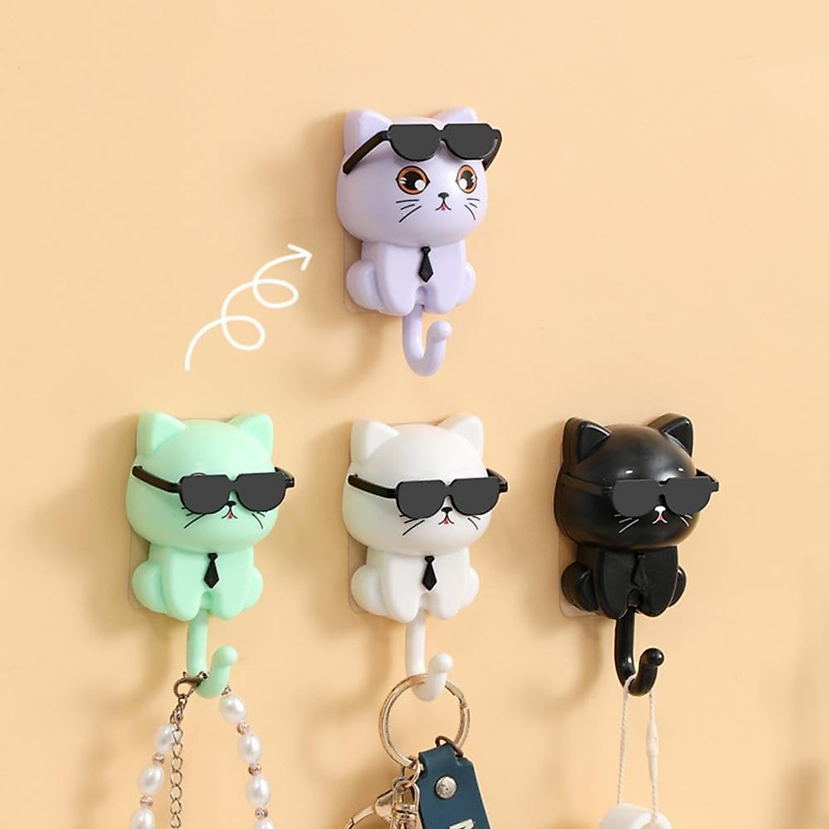 Wall Cat Key Organizer, 2 Cartoon Cat in Sunglasses Creative Gra-vity Hook, Adhesive Coat Hooks Key Holder for Wall Decorative, Pet Wall Hooks for Hanging Key, Bag, Hat, Towel