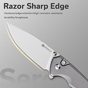 SENCUT Button Lock Pocket Knife for EDC, Serene Folding Knife, Thumb Stud & Flipper Opener, Aluminum Handle with 3.48" D2 Black Stonewashed Blade for Outdoor, Camping, Hunting S21022B-3 (Gray)