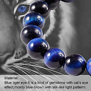 Jewever Original Natural Tigereye Gemstone 12mm Smooth Round Beads Stretch Bracelet Unisex(blue yellow,2pieces)