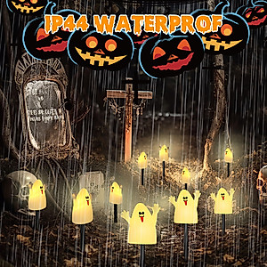 Threan 10 Pcs Halloween Pathway Light Decorations Solar Stake Lights LED White Light Decorative Solar Operated Stake String Lights IP44 Waterproof Outdoor for Yard Garden(Classic Ghost)
