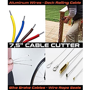 Heavy-Duty Wire Cutter (7,5-inch) for DIY Projects, Railing, Decking, Wire Seals & Bicycle Cable. Sharp & Precise One-Hand Operation 7,5"Steel Cable Cutter, Bike Cable Cutter & Wire Rope Cutter