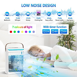 Portable Air Conditioners, Portable AC Cooling Fan with 5 Wind Speeds, 680ml Evaporative Air Conditioner, 7 LED Light, 2-8H Timer, 2 Cool Mist Air Conditioners Humidifier Fan for Home Office Room
