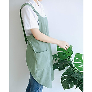 NEWGEM Japanese Linen Cross Back Kitchen Cooking Aprons for Men with Pockets for Baking Painting Gardening Cleaning Light Green