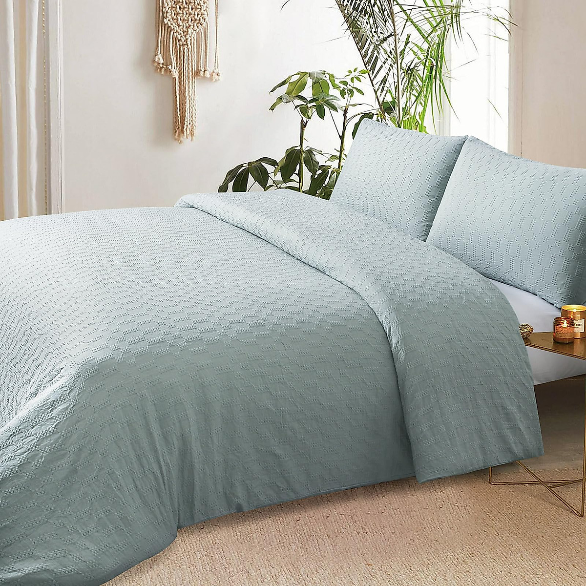 YINFUNG Sage Green Duvet Cover Waffle Weave Textured Tufted Bedding Set Waffle Knit Farmhouse Washed Microfiber 90x90 Soft Geometric