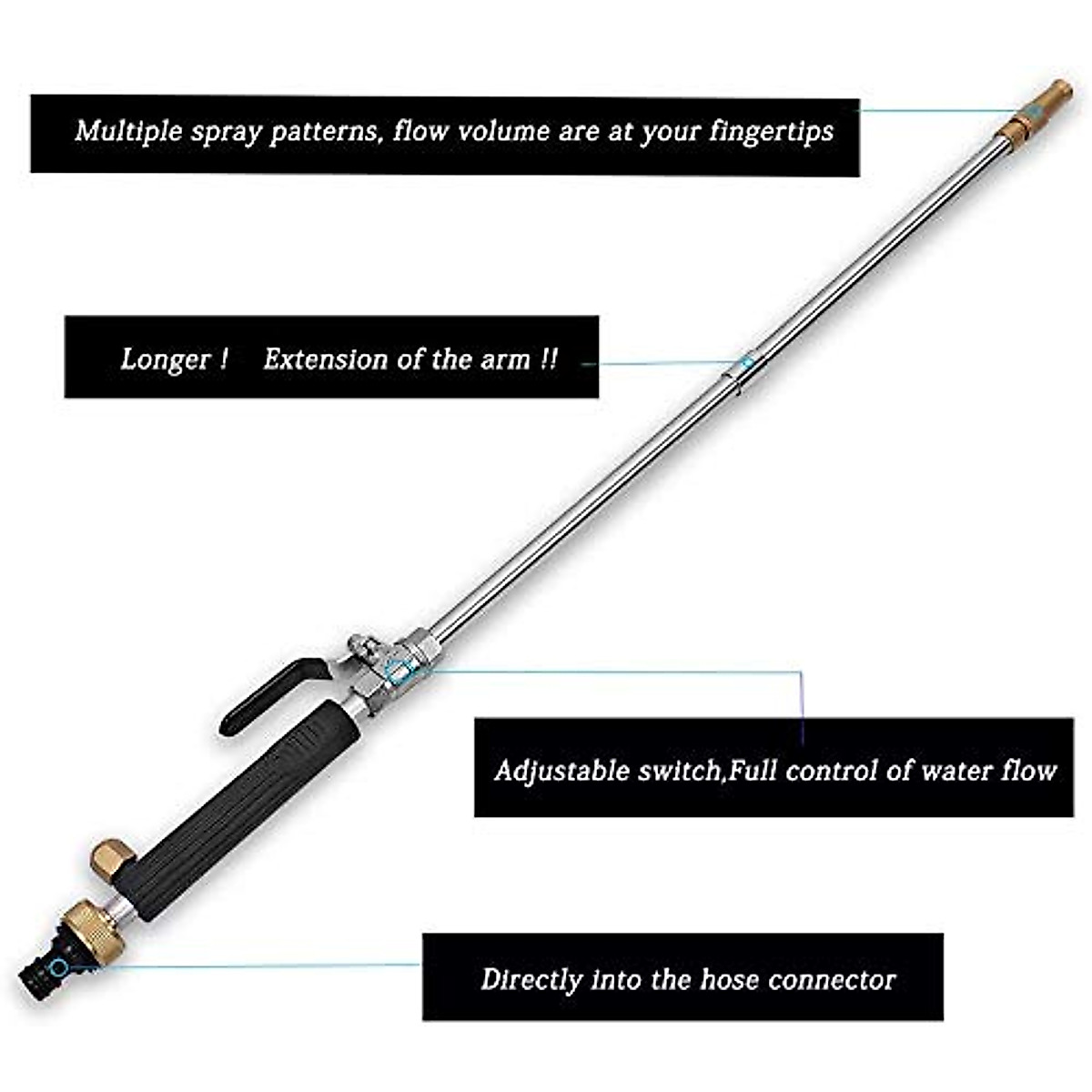 High Pressure Power Washer Wand, Extendable Hydro Jet Water Hose Nozzle Watering Sprayer, Garden Watering Wand for Patio Car Pet Window Gutter Cleaning Tool (Black)