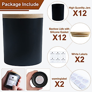 CONNOO 12 Pack 10 OZ Matte Black Glass Candle Jars for Making Candles with Airtight Bamboo Lids Nice Sticky Warning Labels for Candle Making Empty Container Bulk - Dishwasher Safe